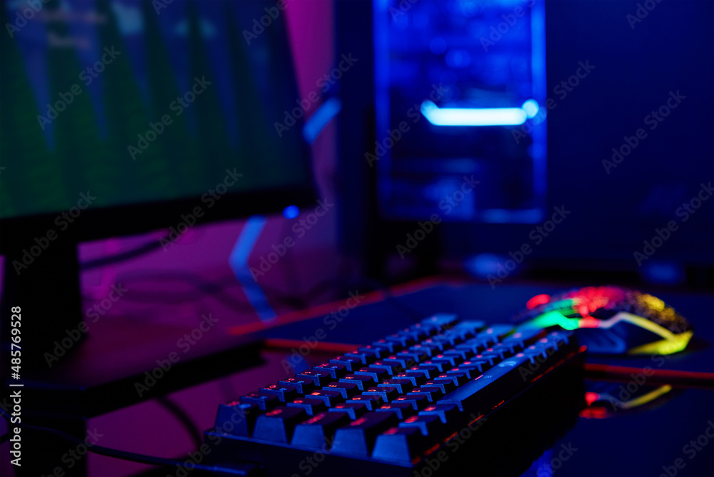 PC with rgb keyboard for gaming computer video games with neon colored ...
