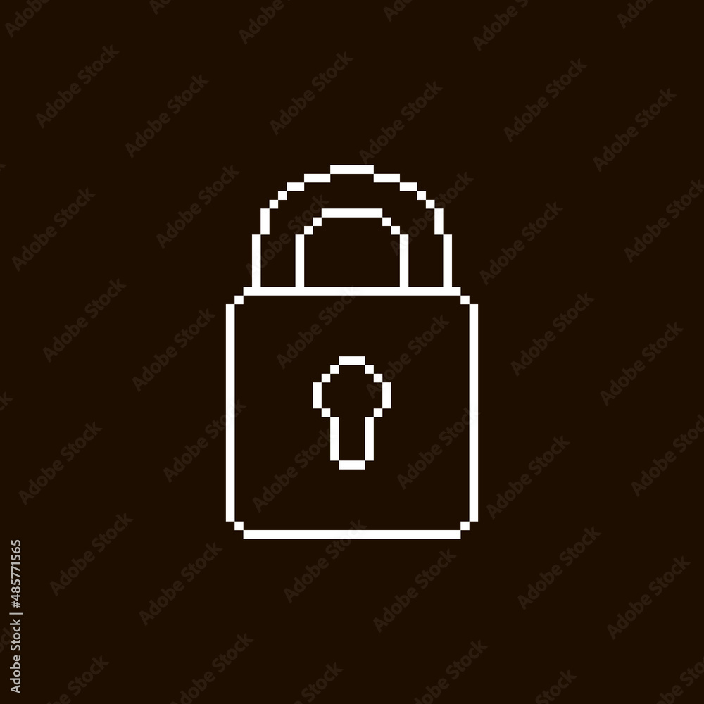 monochrome simple flat pixel art illustration of white closed padlock ...