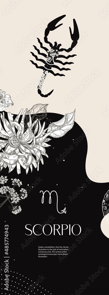 Zodiac sign Scorpio. Black silhouette with white flowers. Vertical ...