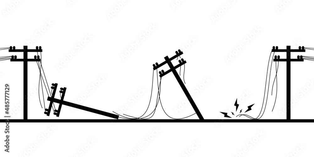 Broken electric wire of high voltage pole is damaged and short circuit ...