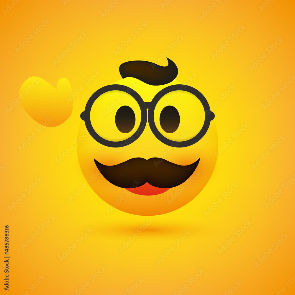 Smiling Emoji - Simple Happy Male Emoticon with Glasses, Waving Hand ...