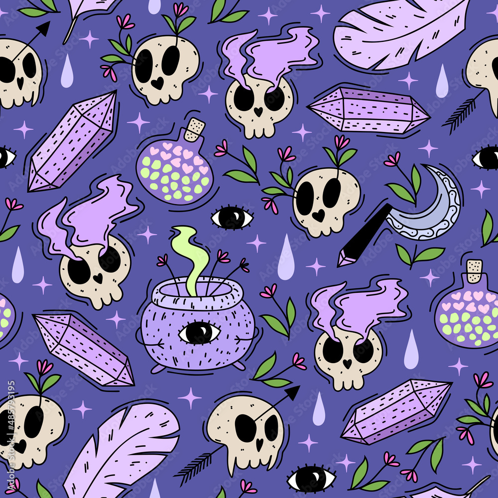 Cute Scull Seamless Pattern with flowers, amethyst stone crystal, fume ...