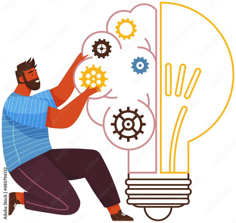 Man creates new idea. Light bulb with gears vector illustration ...