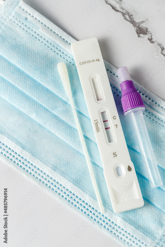 Covid-19 positive result of rapid antigen test SARS CoV-2. Home kit for ...