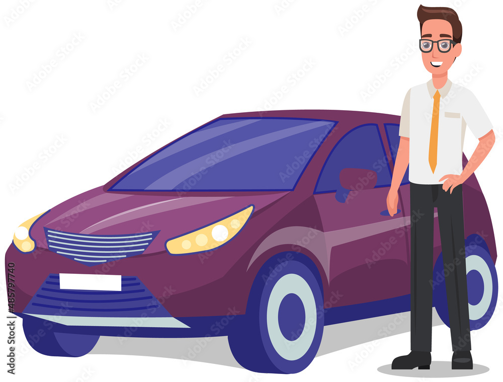 Businessman standing near modern car on white background in flat style ...