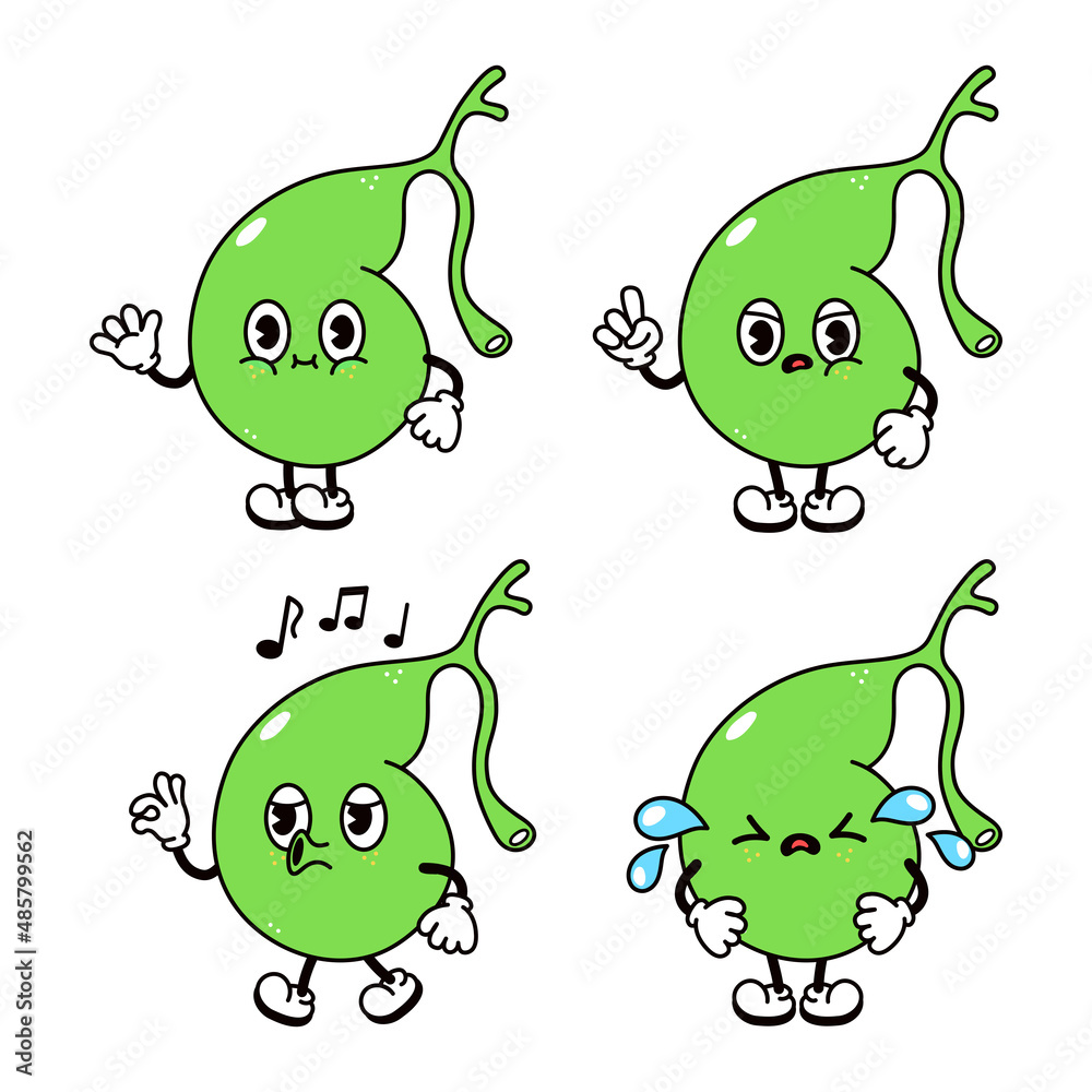 Funny cute gallbladder character bundle set. Vector hand drawn doodle ...