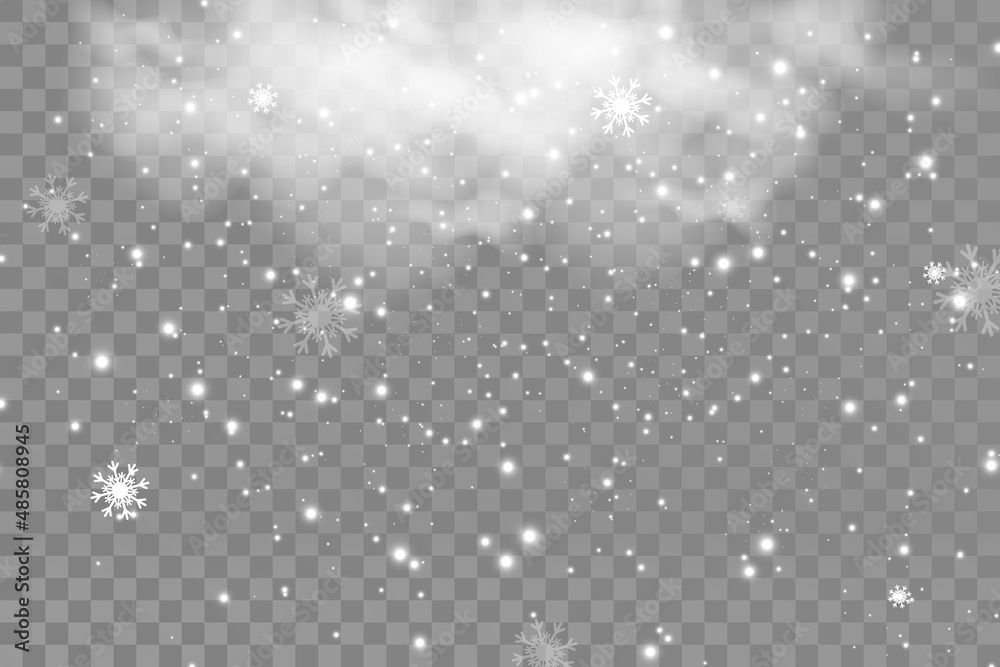 Vector illustration of flying snow on a transparent background.Natural ...