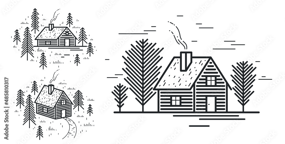 Cabin in woods pine forest linear vector nature illustration isolated ...