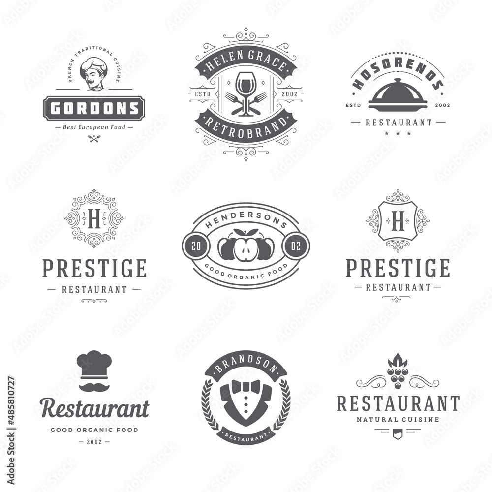 Restaurant logos and badges templates set vector illustration. Stock ...