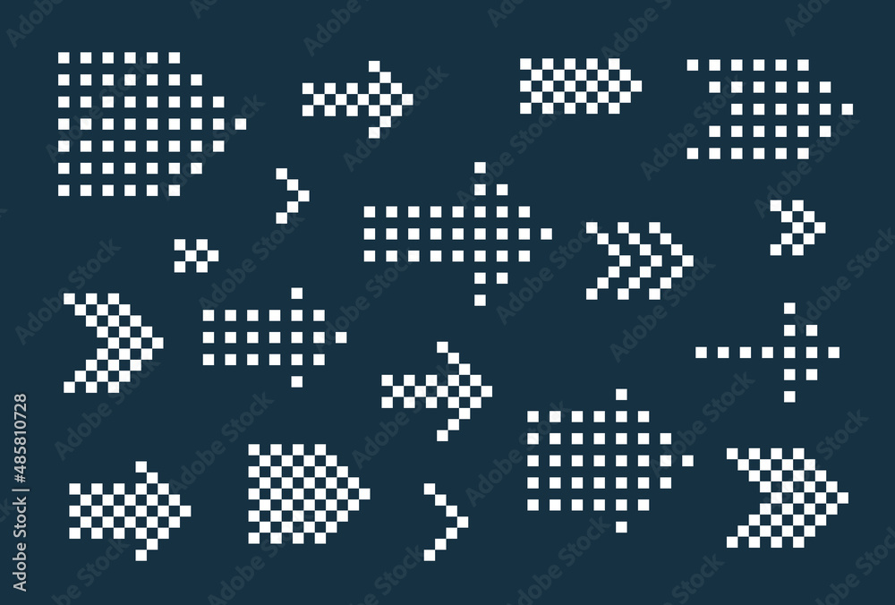 8 Bit pixel halftone arrows vector set of icons, collection of arrow ...