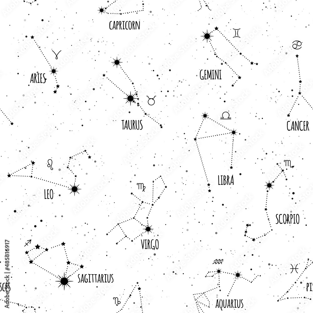 Zodiac seamless pattern, space, star constellations, horoscope symbols ...