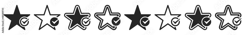 Set of star favorite icons with confirmation checkmark. Star and tick ...
