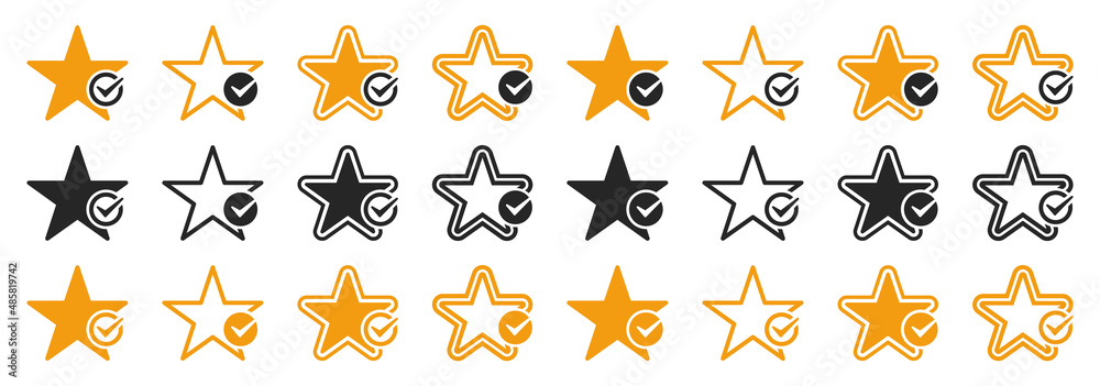 Set of star favorite icons with confirmation checkmark. Star and tick ...