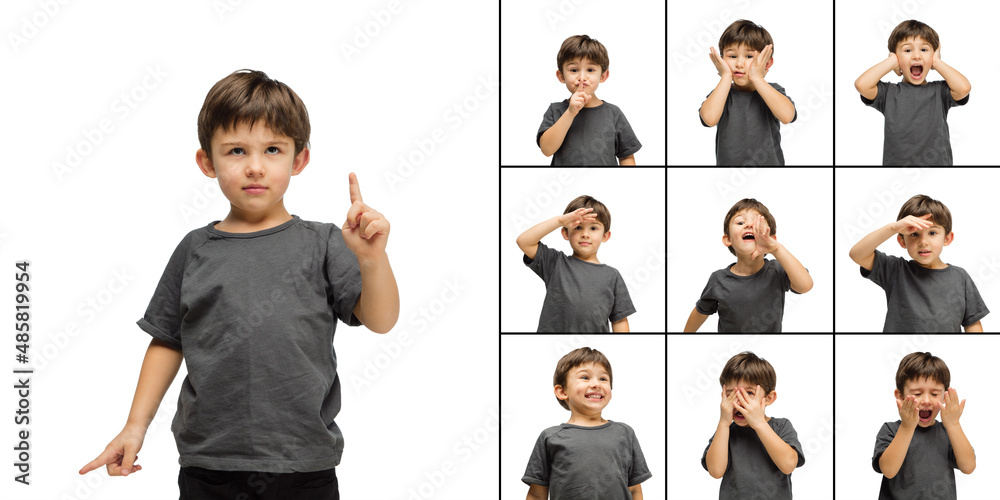 Set of images of little cute kid, boy isolated on white studio ...