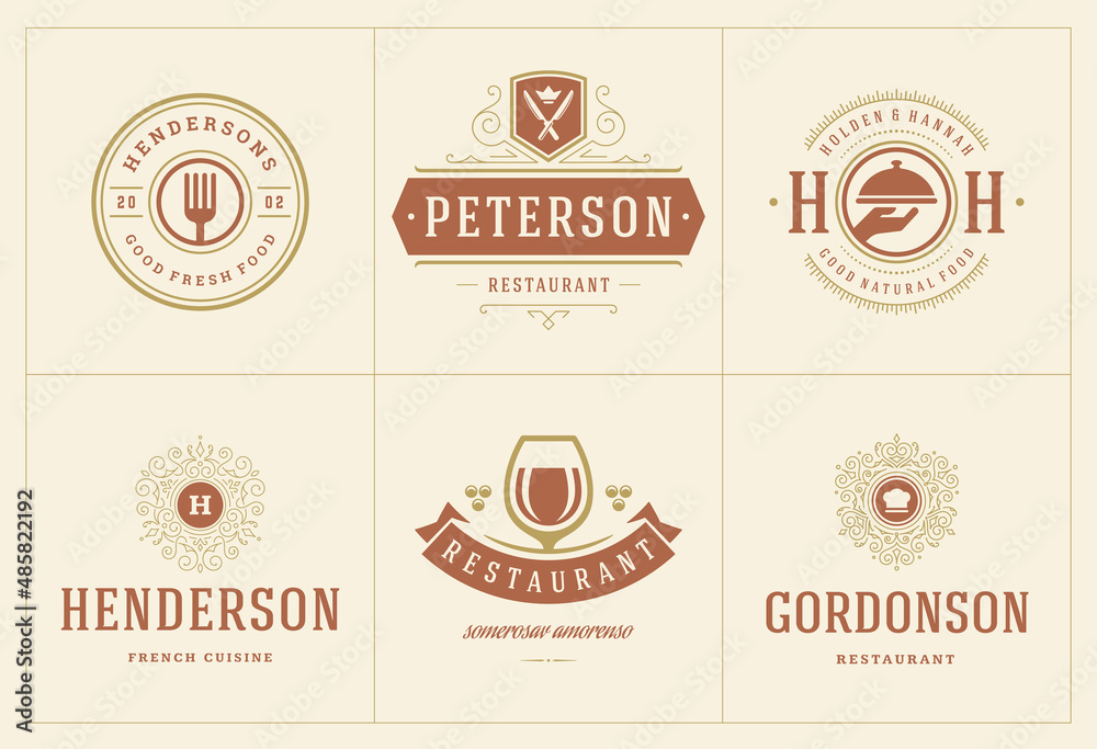 Restaurant logos templates set vector illustration good for menu labels ...