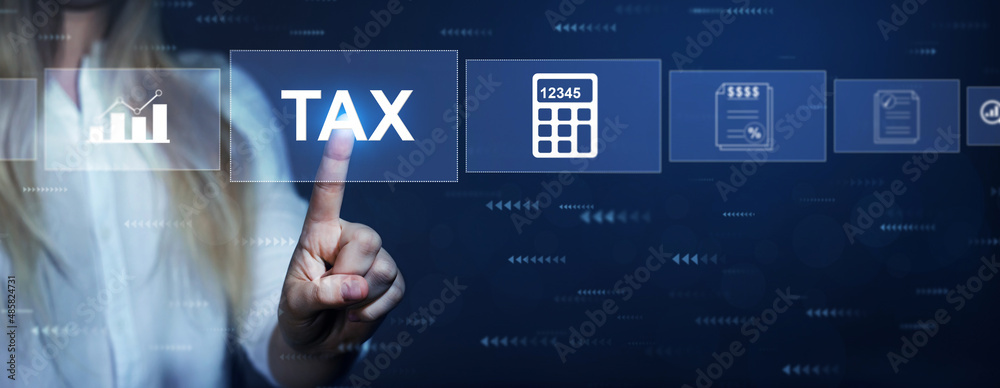 Accountant pointing virtual screen with tax form and report ...