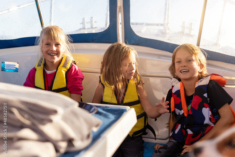 Portrait three little happy excited smiling caucasian children friends ...