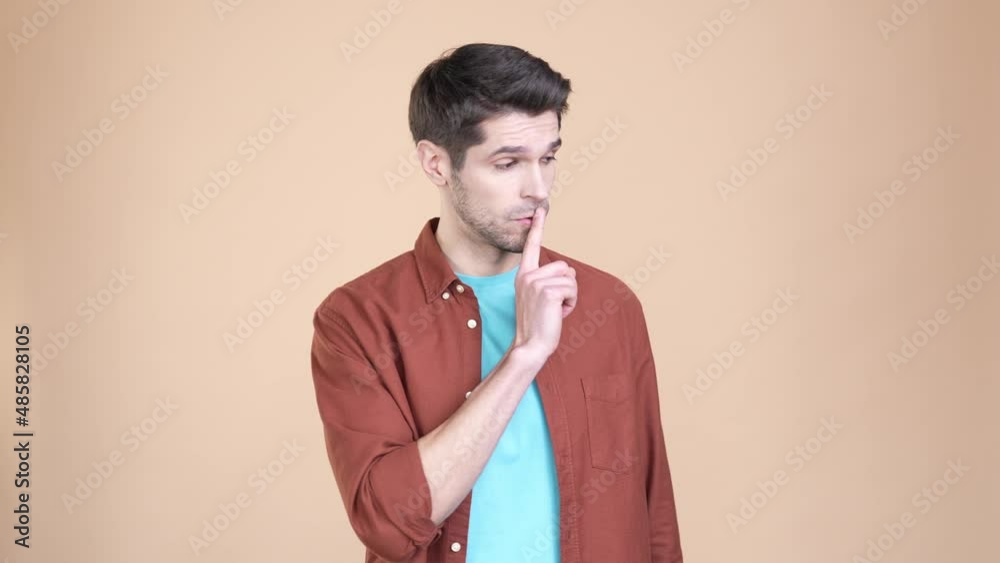 Smart guy ask be quiet calm down partners isolated pastel color ...