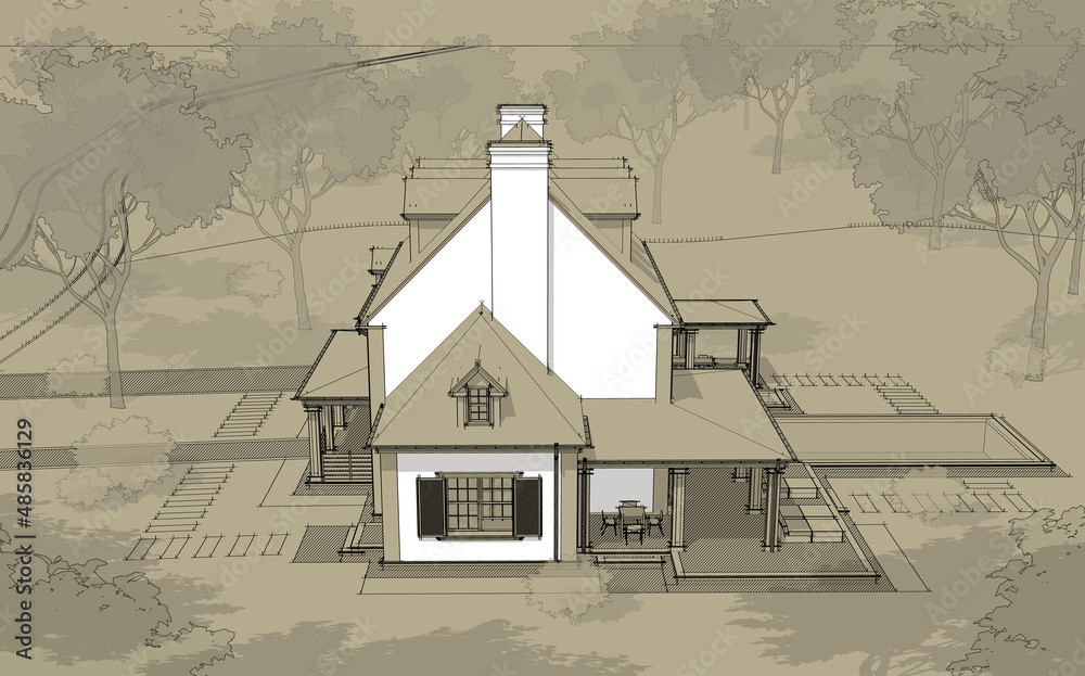 3d rendering of modern cozy classic house in colonial style with garage ...