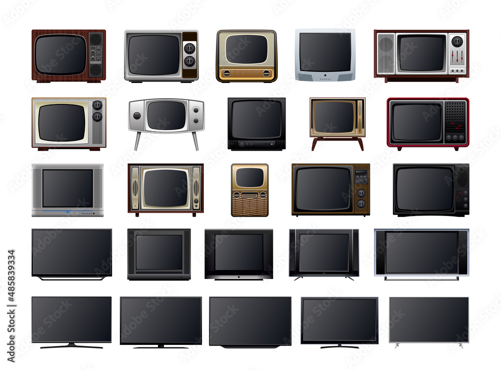 Collection of TVs from different times. Realistic illustrations of TV ...