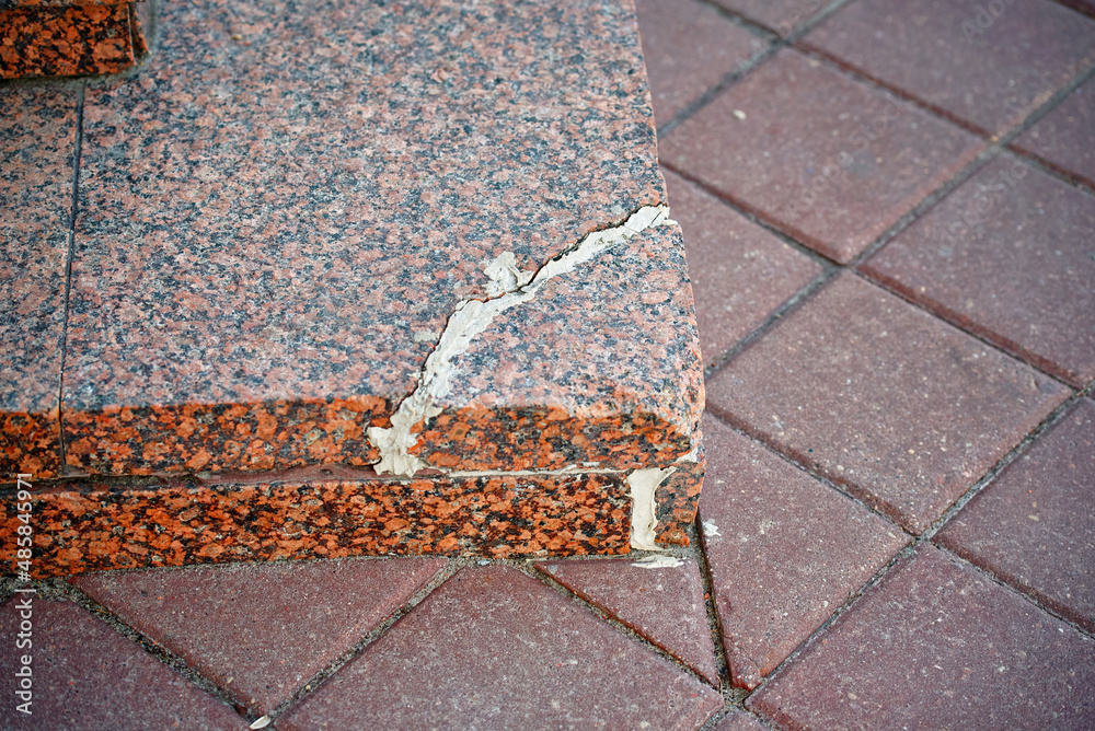 Damaged corner of garinte staircase, broken outdoor granite stairs ...