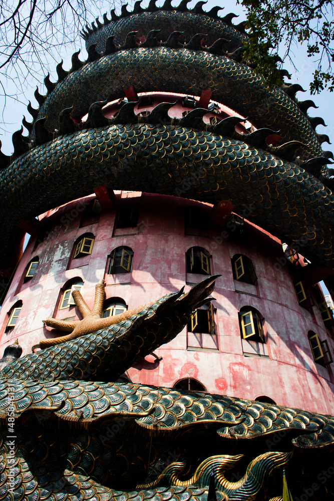 Exterior building with king of serpent naga and chinese dragon wrapped ...