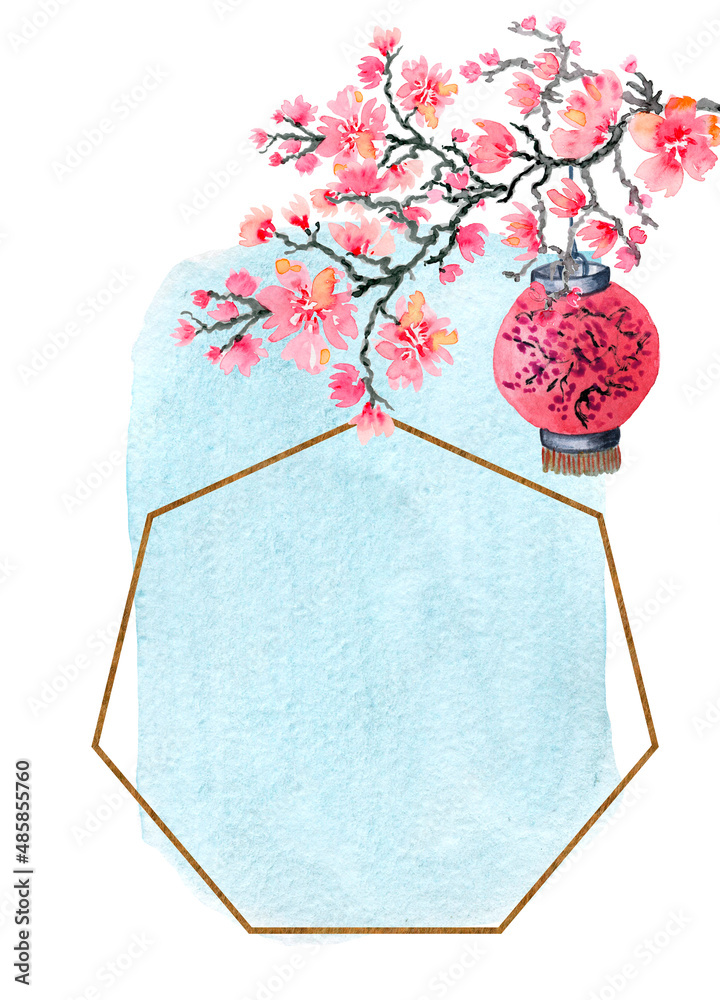 Watercolor illustration banner. Eastern culture.Sakura, Cherry ...