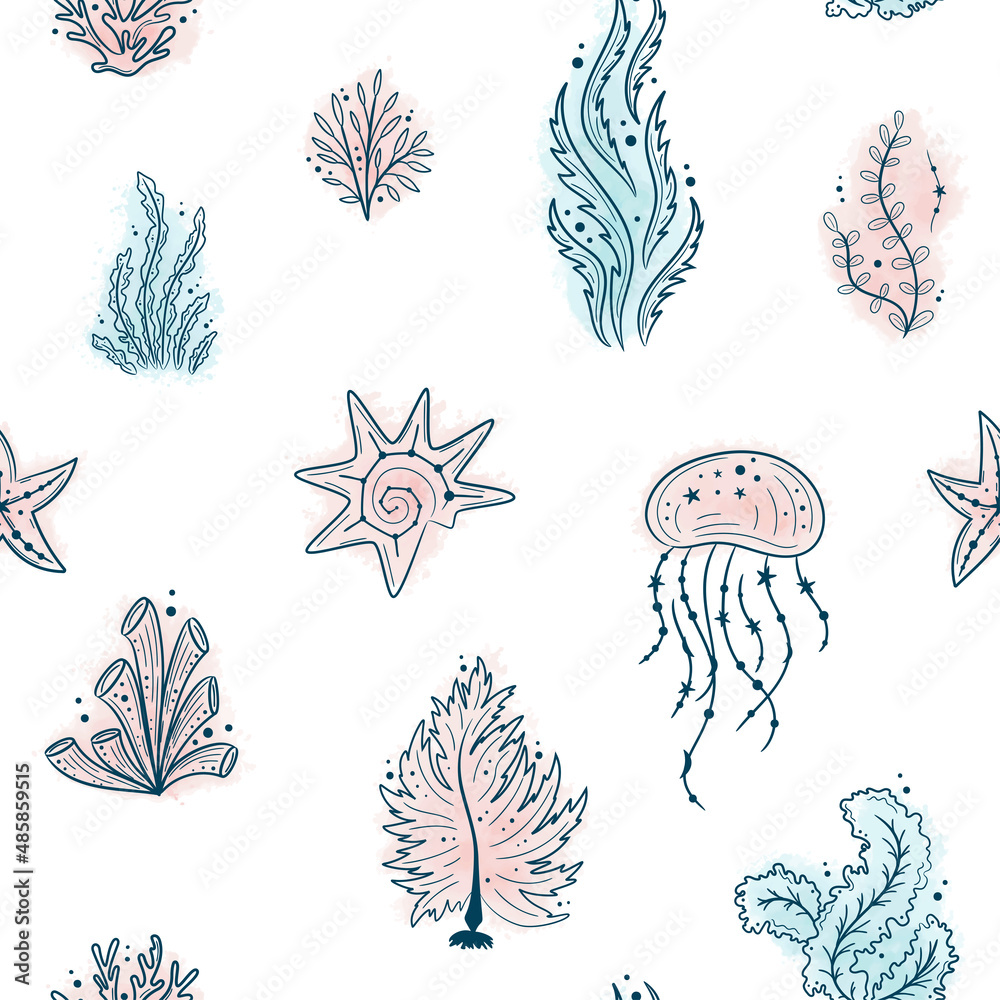 Seamless pattern with jellyfishes, seashells, seaweed, coras and ...