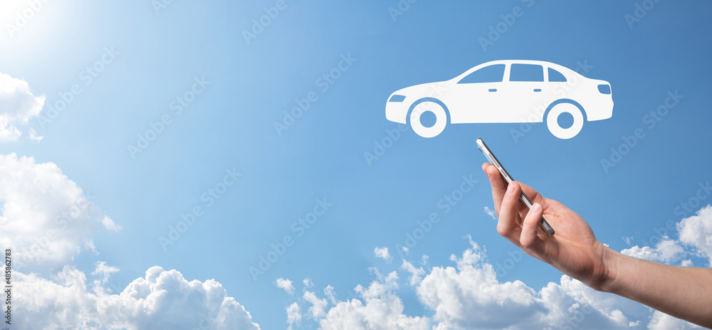 Digital composite of Man holding car icon.Car automobile insurance and ...