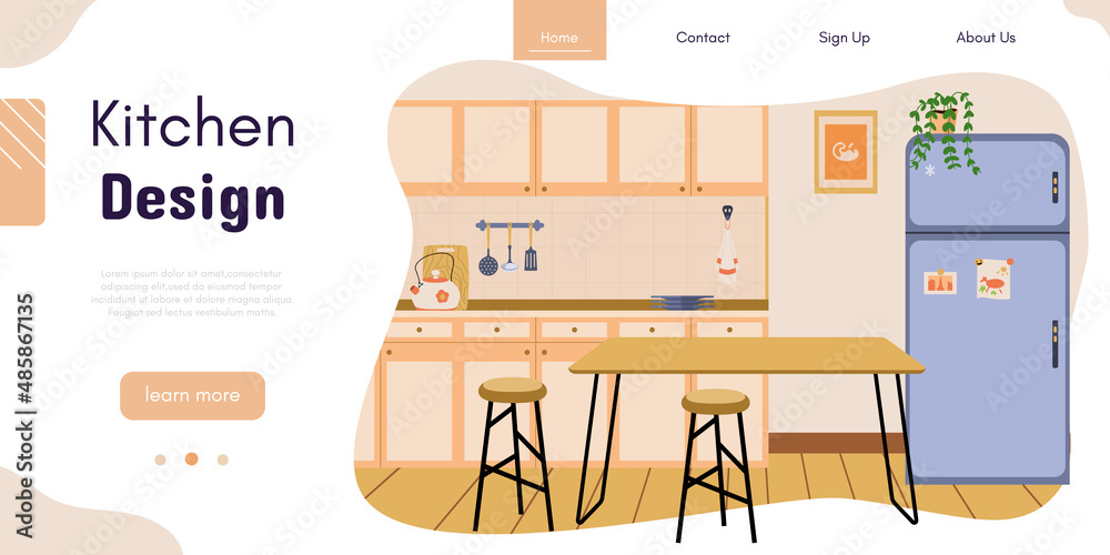 Kitchen interior design vector banner. Dining room decoration. Modern ...
