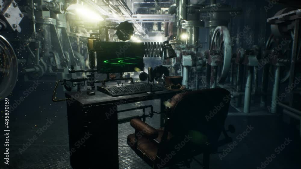 A vintage workplace in a antique steampunk factory with working ...