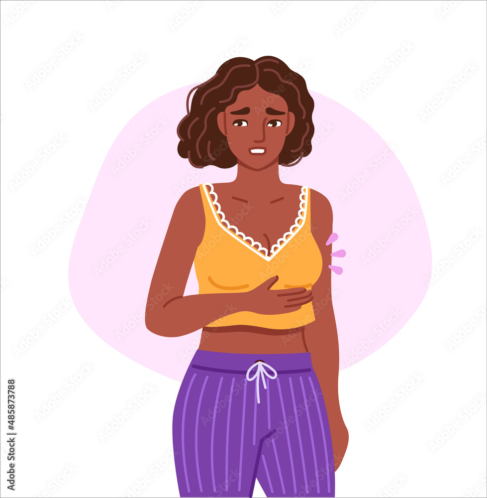 Breast tenderness. Black woman suffering from symptom of premenstrual ...