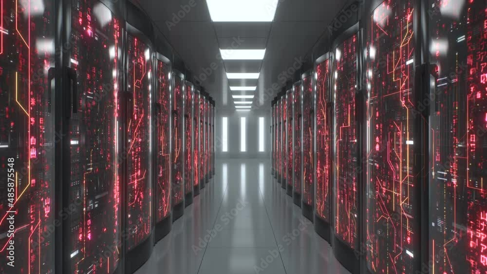 Red color symbols and connections on server racks. Working big data ...