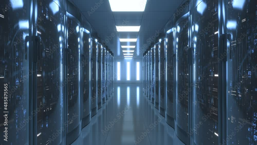 Blue color symbols in Matrix style on server racks. Big data center ...