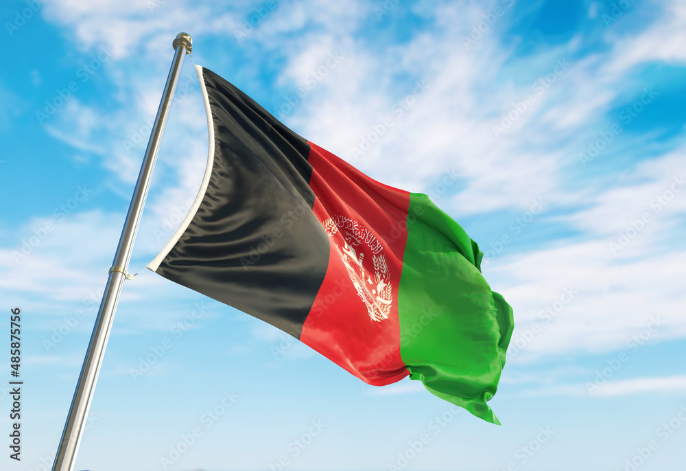 3d rendering Afghanistan flag waving in the wind on flagpole. Perspective wiev Afghanistan flag ...