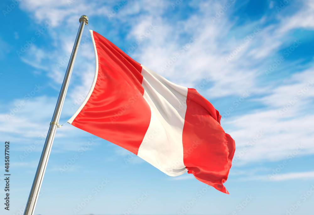 3d rendering Peru flag waving in the wind on flagpole. Perspective wiev ...