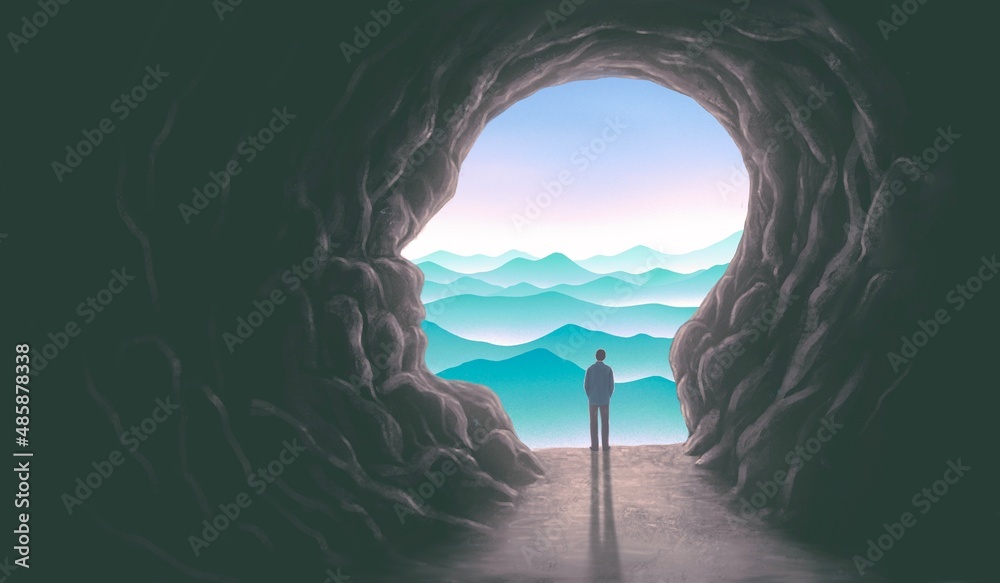 A man with a human head cave, idea concept of thinking hope freedom and ...