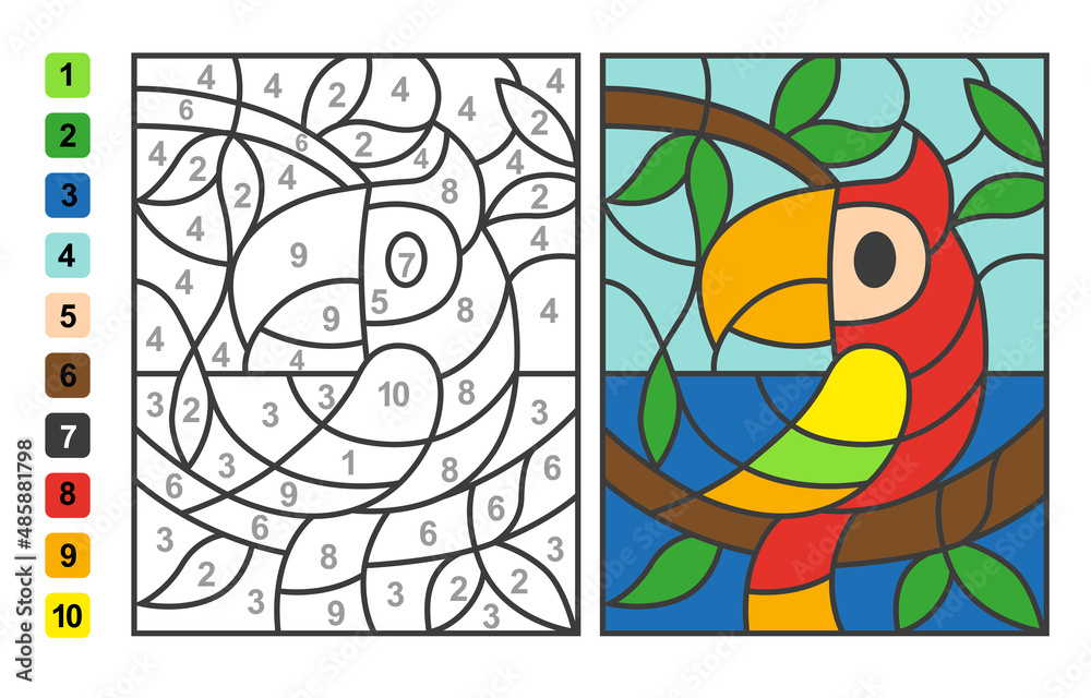 Simple level vector coloring zoo animal parrot bird, color by numbers ...