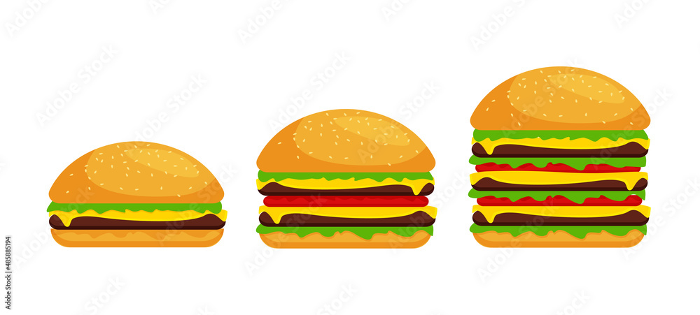 Three different sizes of burgers. Classic hamburger to very big burger ...