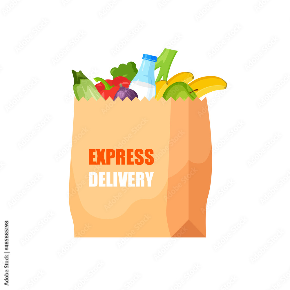 Express food delivery. Craft paper package with groceries. Logo ...