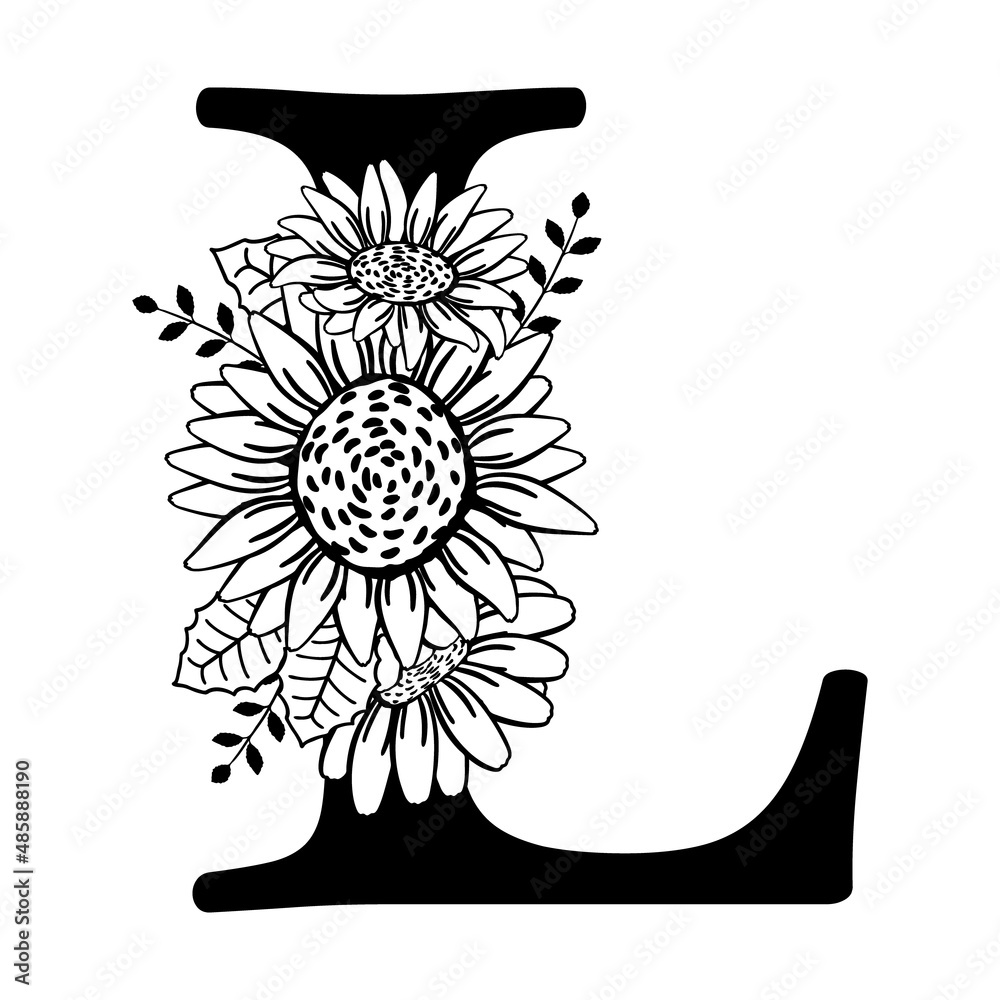 Letter L with sunflowers. Farmhouse monogram in vintage style. Black ...