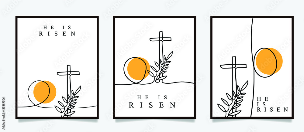 Easter Poster Set. He Is Risen Concept With Minimal Vector Line Art ...