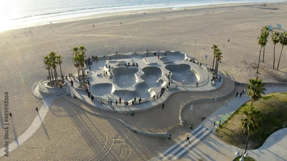 Drone view of the skatepark at Venice Beach. Skatepark with Bikers and ...