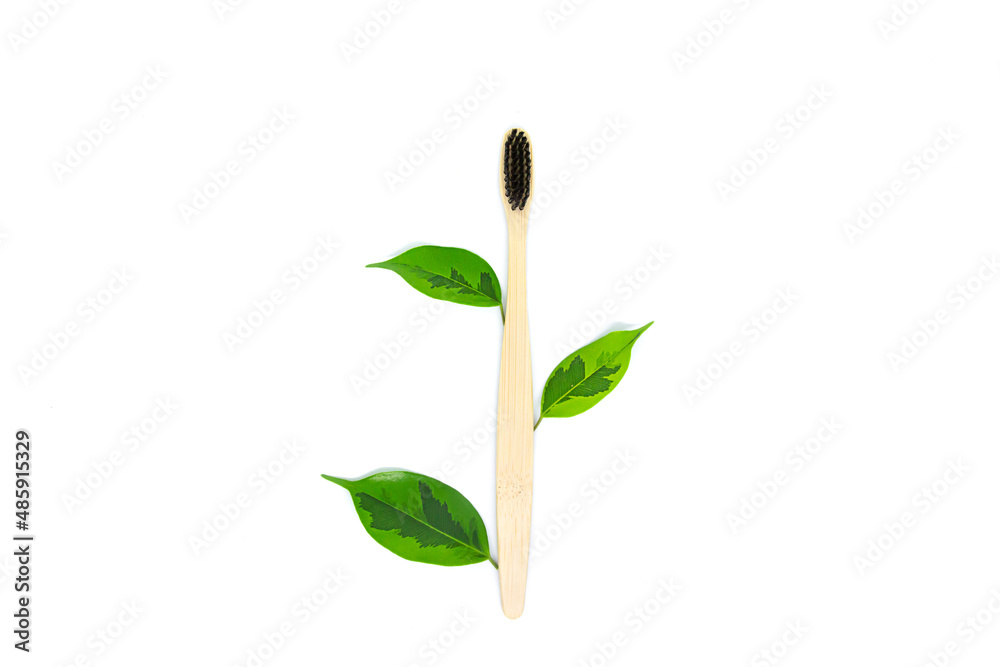 eco-friendly bamboo toothbrush in black color and green leaves lie on a ...