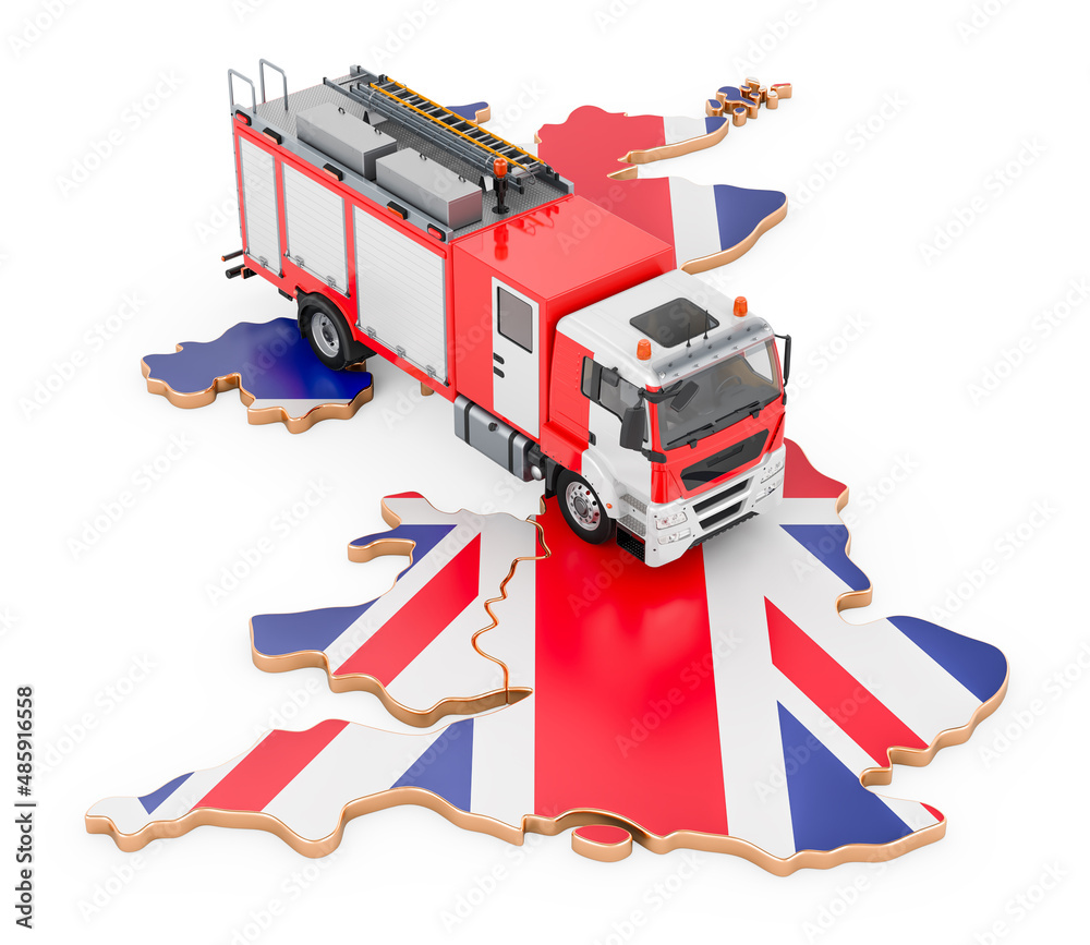 Fire department in the Great Britain. Fire engine truck on the British ...