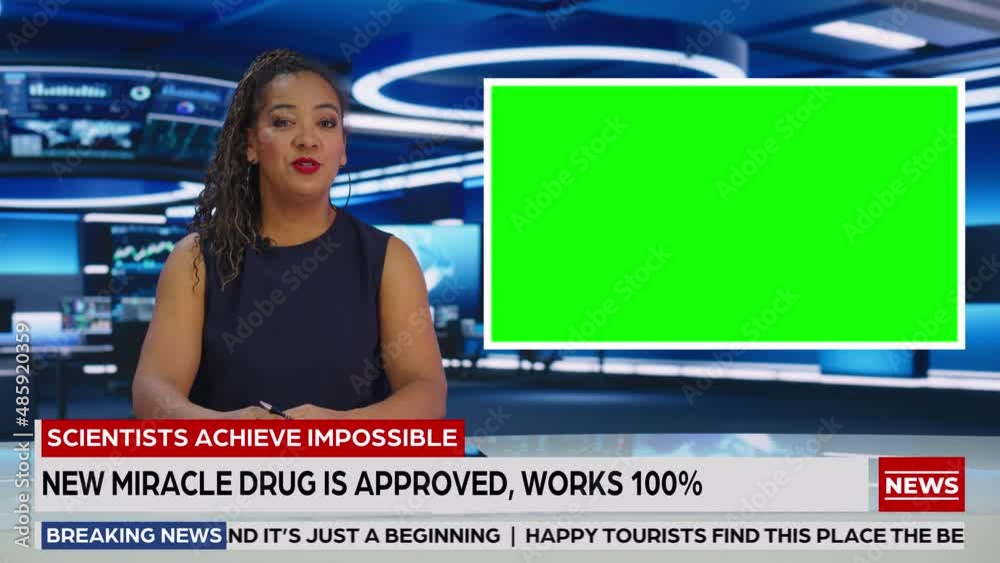 Newsroom TV Studio Live News Program: Expert Black Female Presenter ...