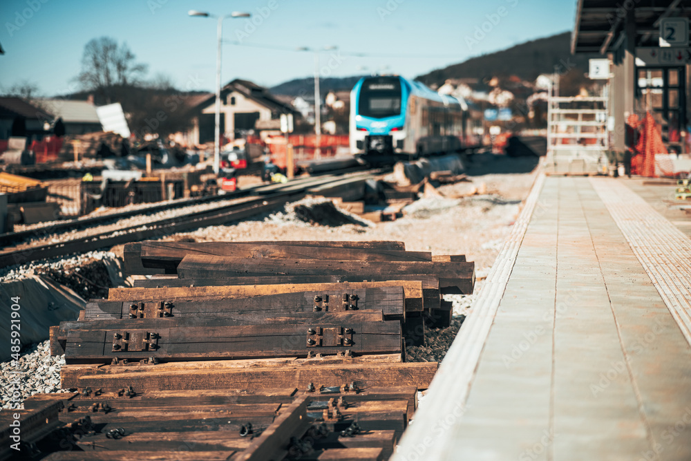 Train station of Grosuplje under construction. Visible wooden railway ...