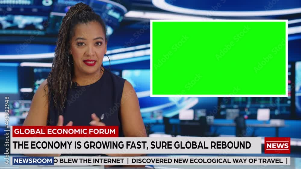 Newsroom TV Studio Live News Program: Black Female Presenter Reporting ...