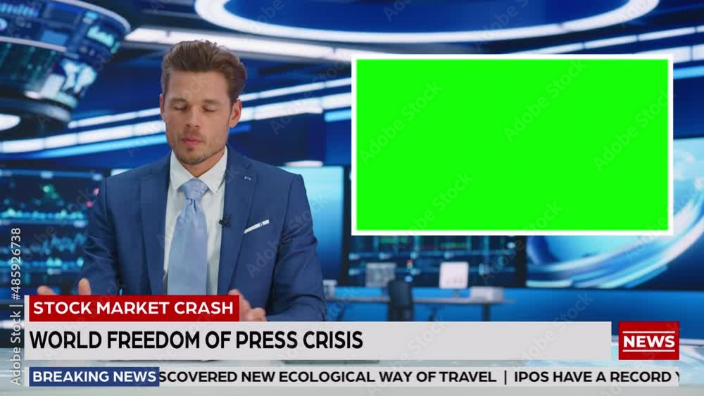 Newsroom TV Studio Live News Program: Caucasian Male Presenter ...