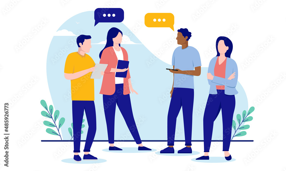 Standing business meeting - Four people in casual clothing having a ...